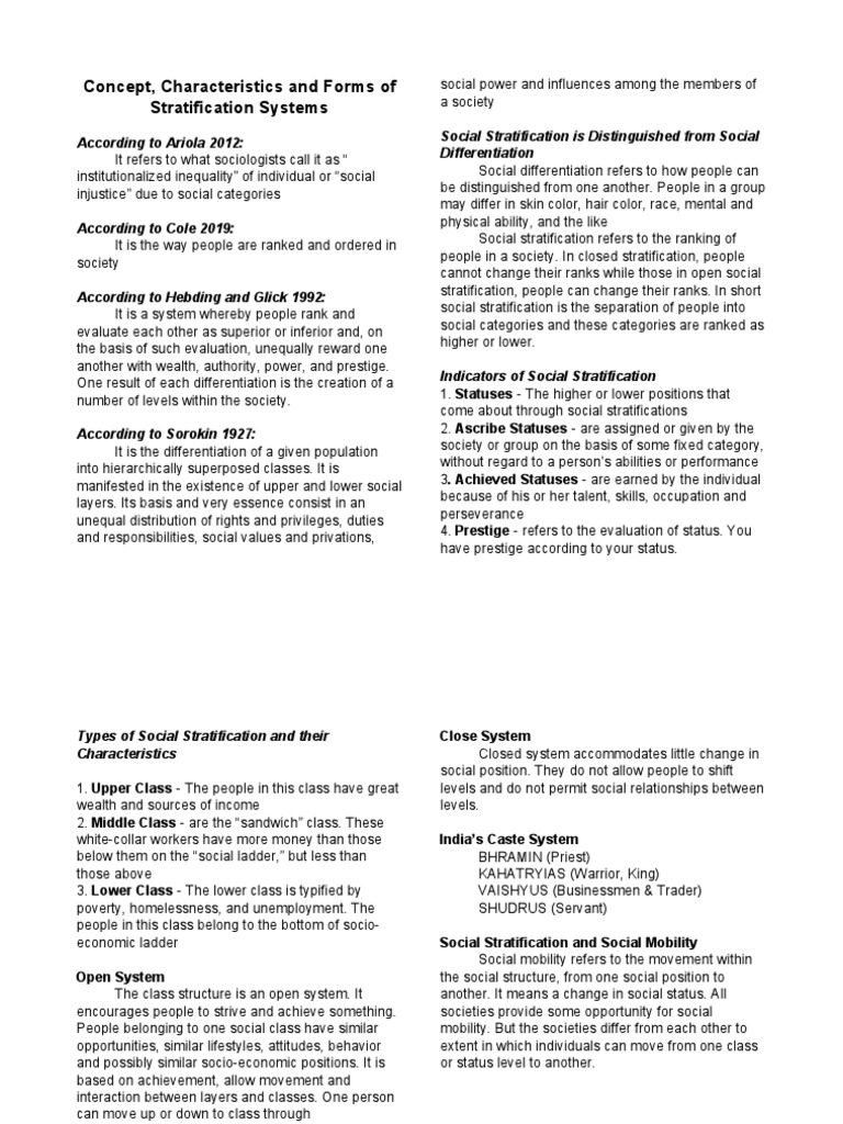 Concept, Characteristics and Forms of Stratification Systems | PDF ...