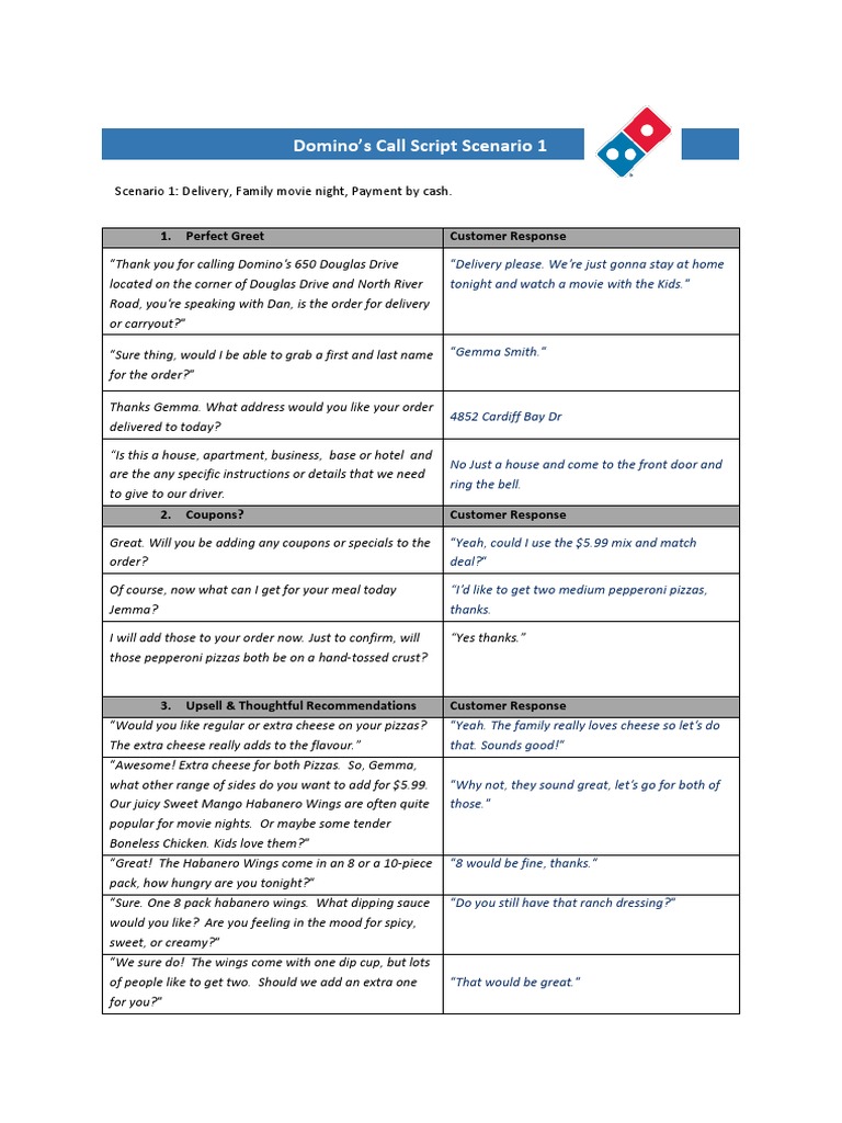 Dominos Call Script Scenarios A V2 | PDF | Domino's Pizza | Cuisine