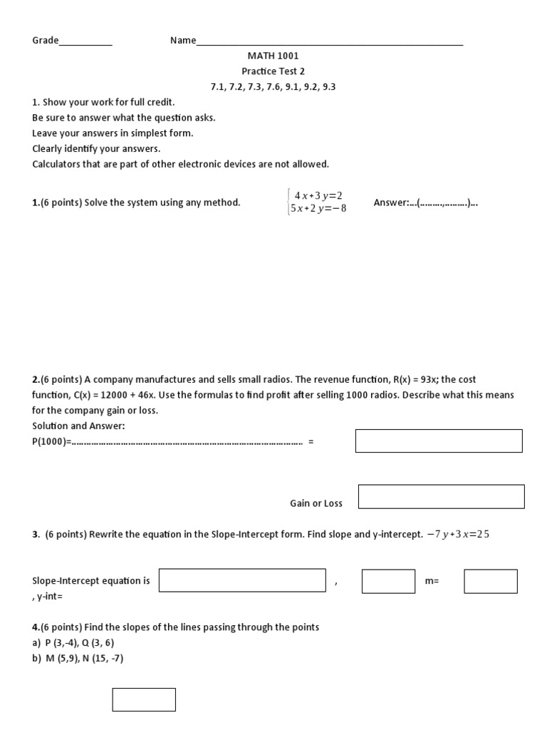 Math 1001 Practice Test 3 | PDF | Teaching Methods & Materials
