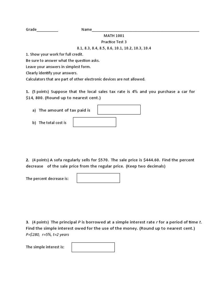 Math 1001 Practice Test 6 | PDF | Interest | Triangle