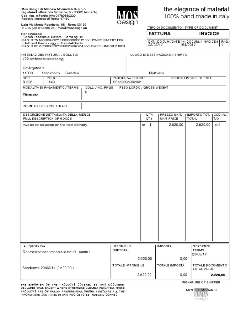 The Elegance of Material 100% Hand Made in Italy: Invoice Fattura | PDF