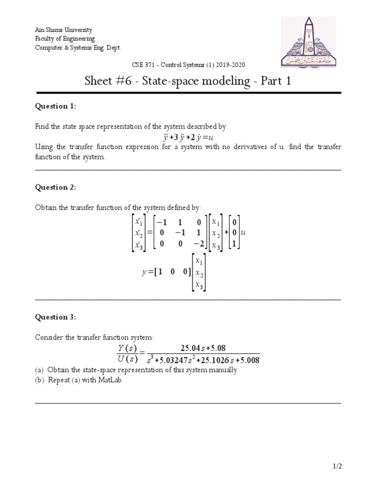 Sheet 6 State Space Modelling Pdf Computer Science Cognitive