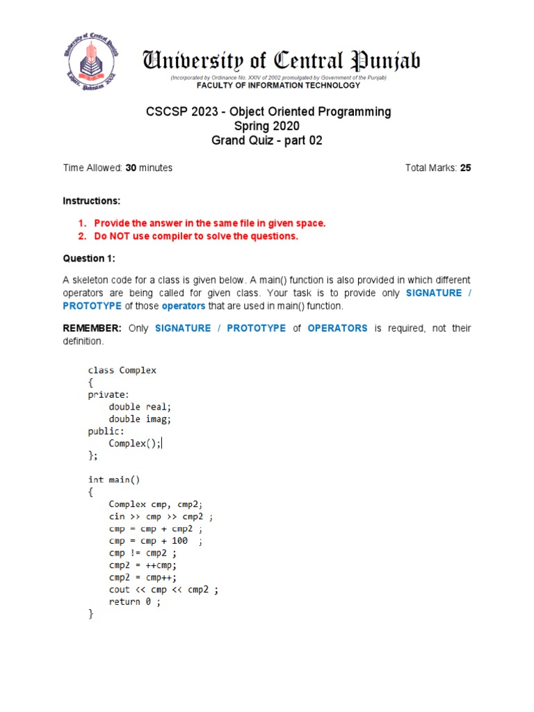 Oop Grand Quiz Part 02 Pdf 