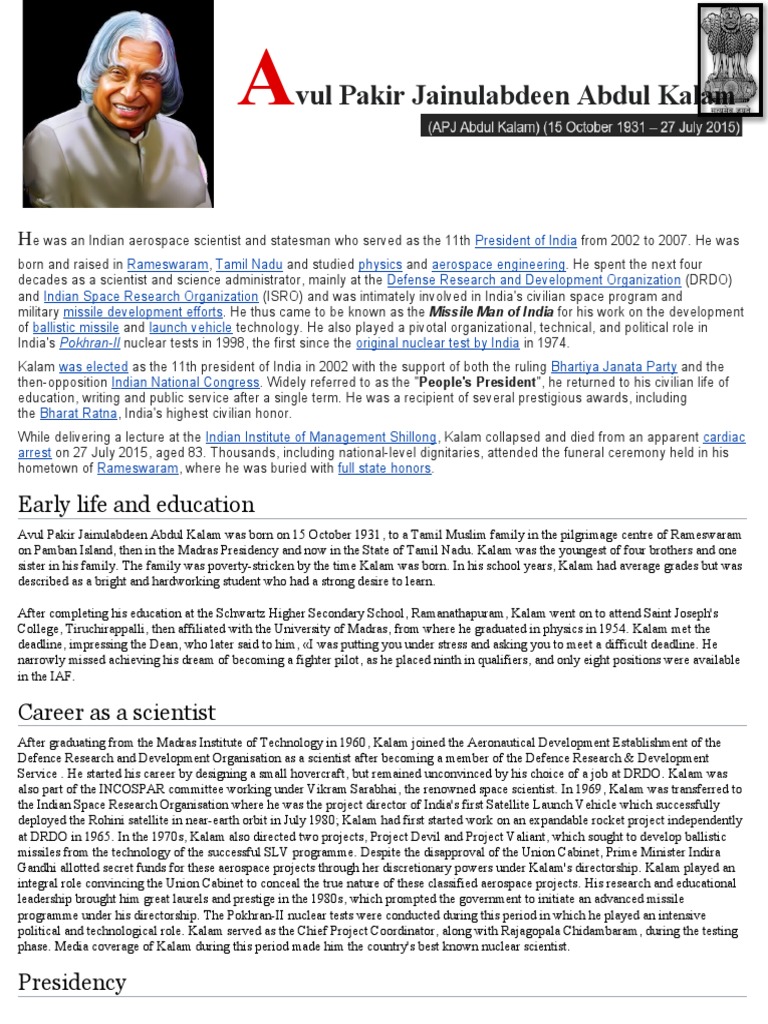 APJ Abdul Kalam (Avul Pakir Jainulabdeen Abdul Kalam) | PDF ...