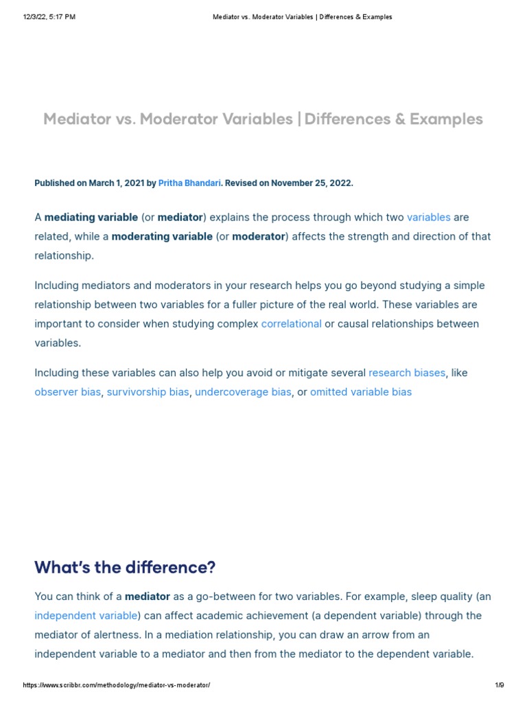 Mediator vs. Moderator Variables _ Differences & Examples | PDF