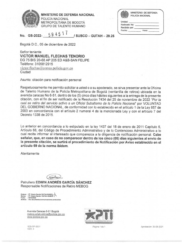 Citacion para Notificacion Personal Te Victor Manuel Flechas Tenorio ... Citacion para Notificacion Personal Te Victor Manuel Flechas Tenorio ...
