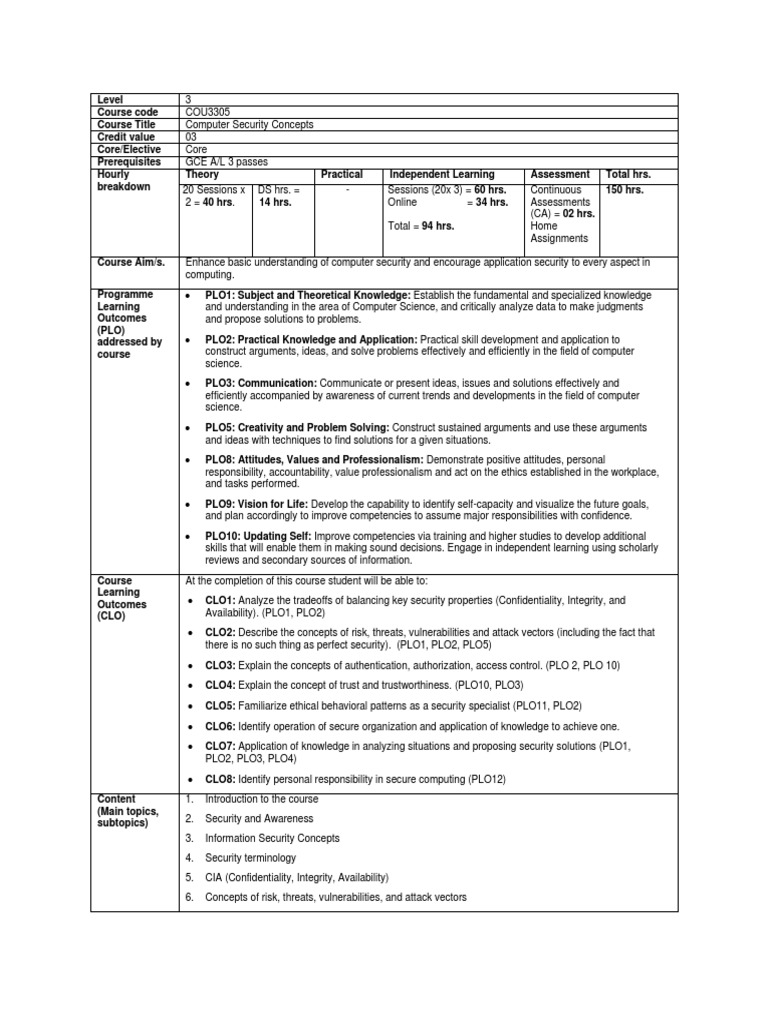COU3305 Computer Security Concepts Course Synopsis | PDF | Information Security | Computer Security