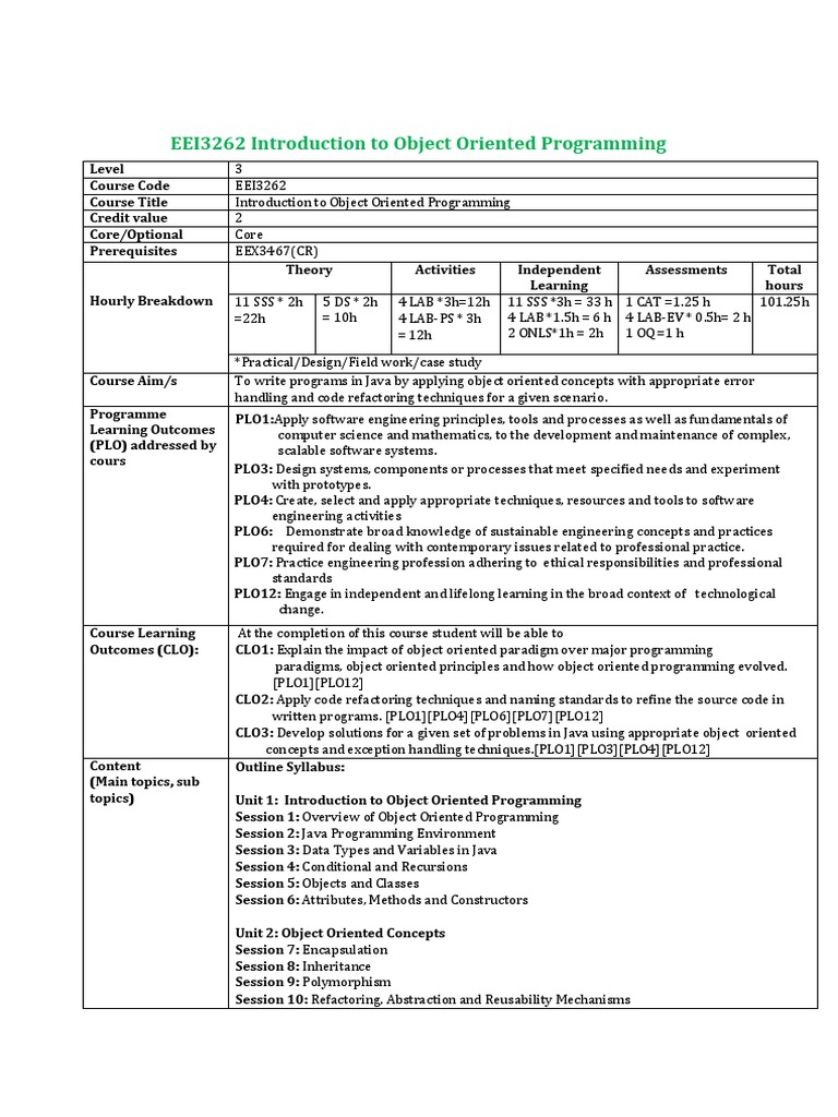 Eei3262 Introduction To Object Oriented Programming Course Synopsis Pdf Method Computer
