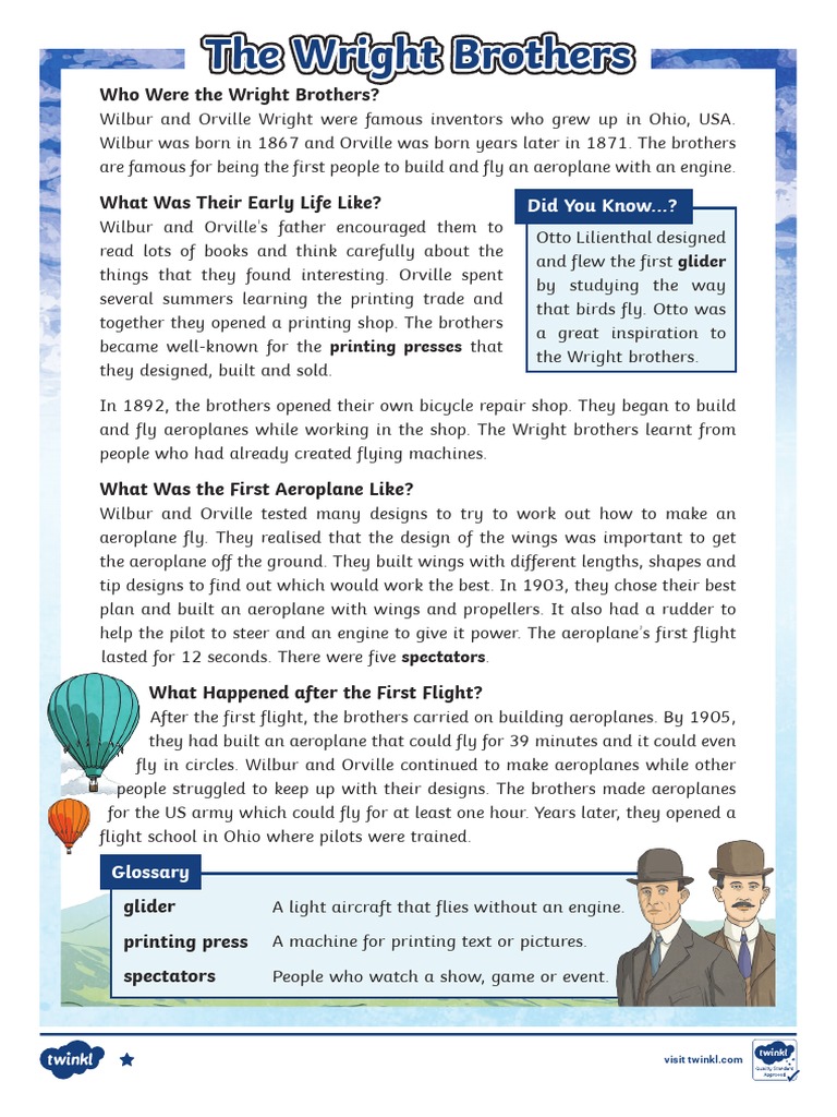 LKS2 The Wright Brothers Differentiated Reading Comprehension Activity | PDF | Wright Brothers ...