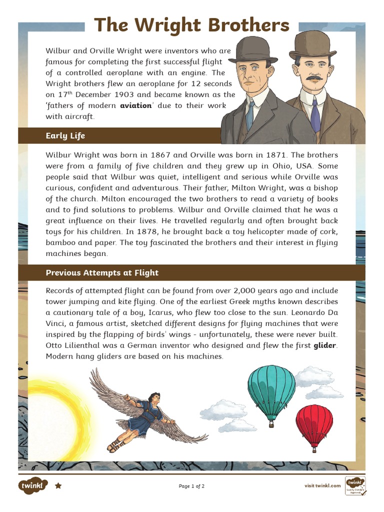 UKS2 The Wright Brothers Differentiated Reading Comprehension Activity ...