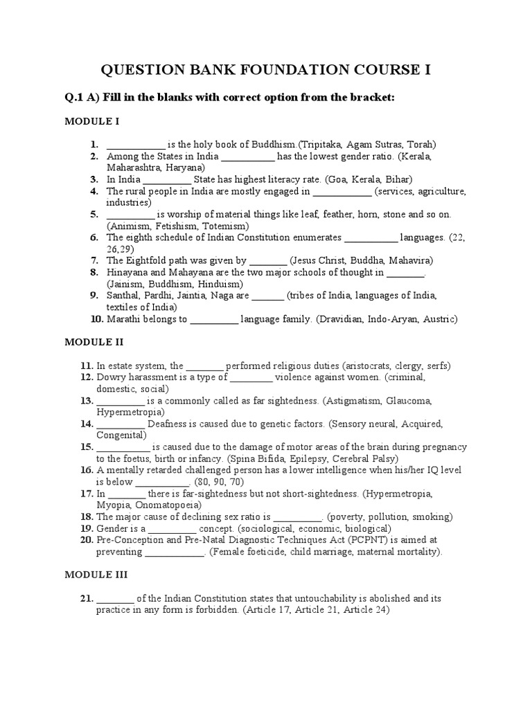 Question Bank Foundation Course I: Q.1 A) Fill in The Blanks With ...