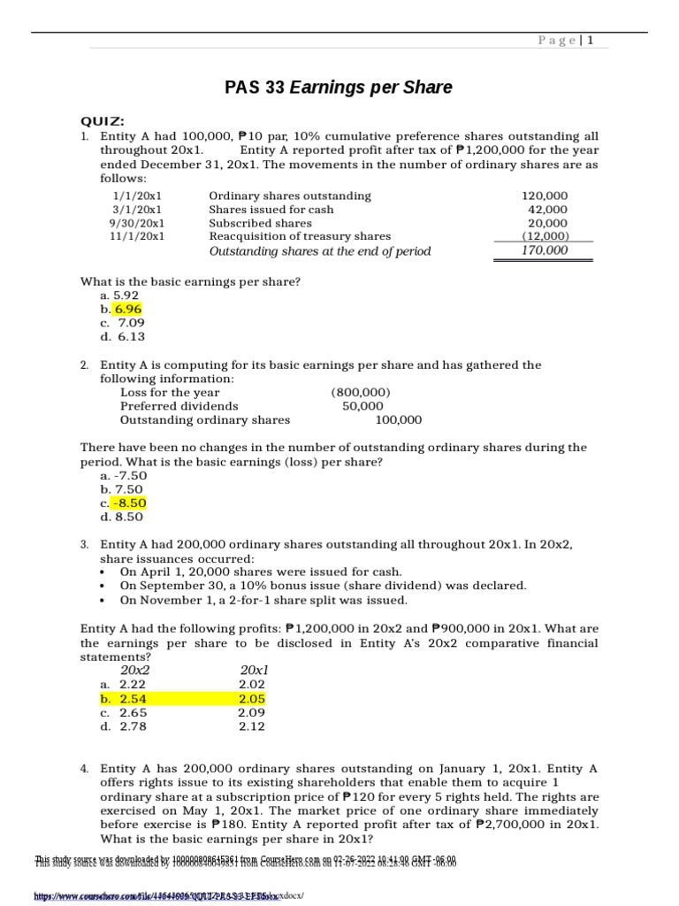 Quiz Pas 33 Eps.docx.Docx | PDF | Earnings Per Share | Dividend