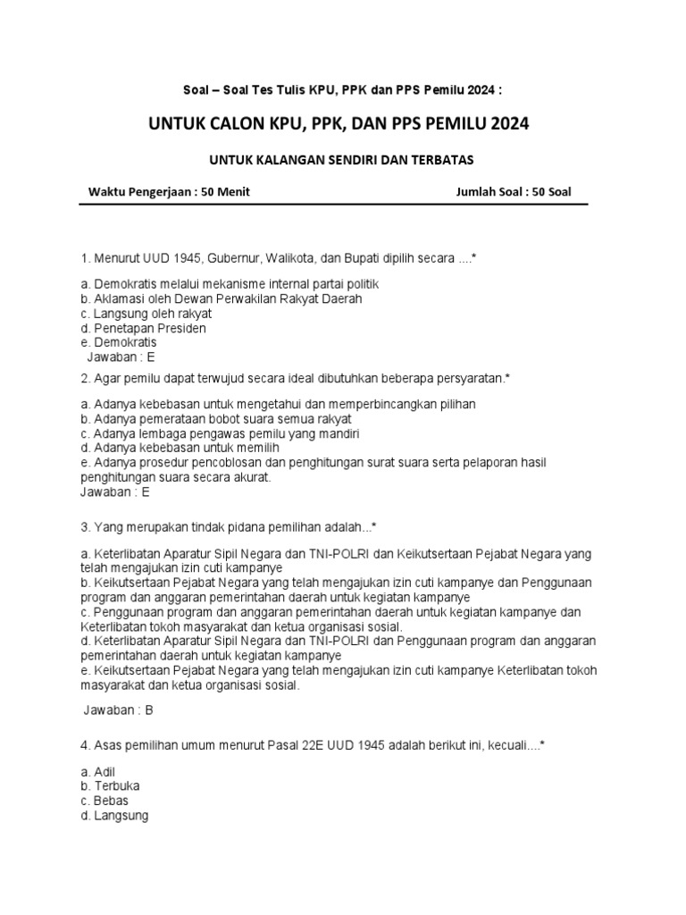 Soal-Soal Untuk KPU PPK Dan PPS Pemilu 2024 | PDF