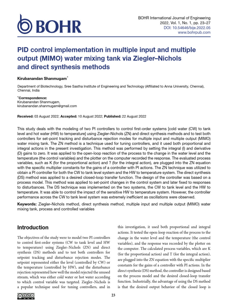 Pid Control Implementation In Multiple Input And Multiple Output Mimo Water Mixing Tank Via