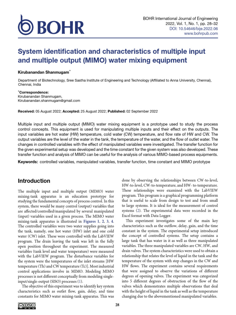 System Identification And Characteristics Of Multiple Input And Multiple Output Mimo Water 