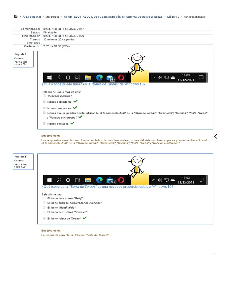 Resultados del autocuestionario sobre la Barra de Tareas y elementos de Windows 10 | PDF ...