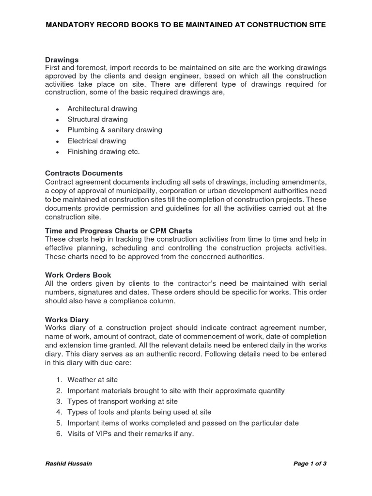 Mandatroy Record Books To Be Maintained at Construction Site | Download ...