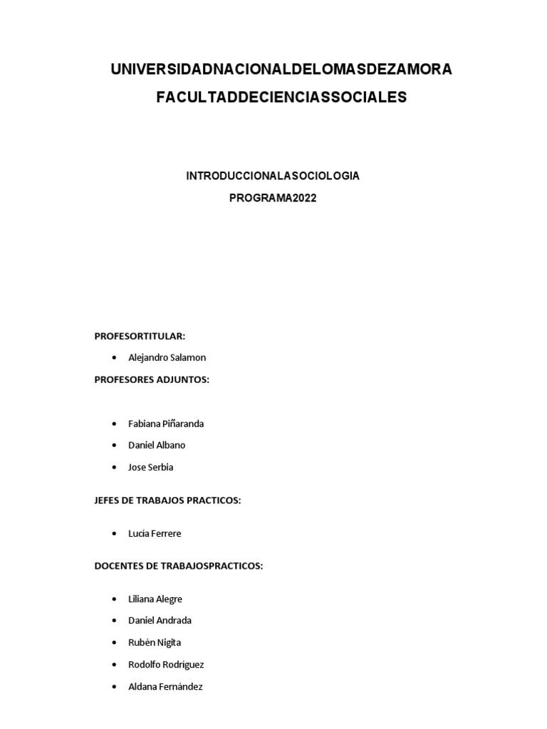 Programa UNLZ - Introducción A La Sociológia 2022 | PDF | Sociología ...