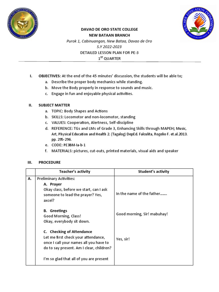 Grade 3 PE Lesson Plan: Body Shapes | PDF | Lesson Plan