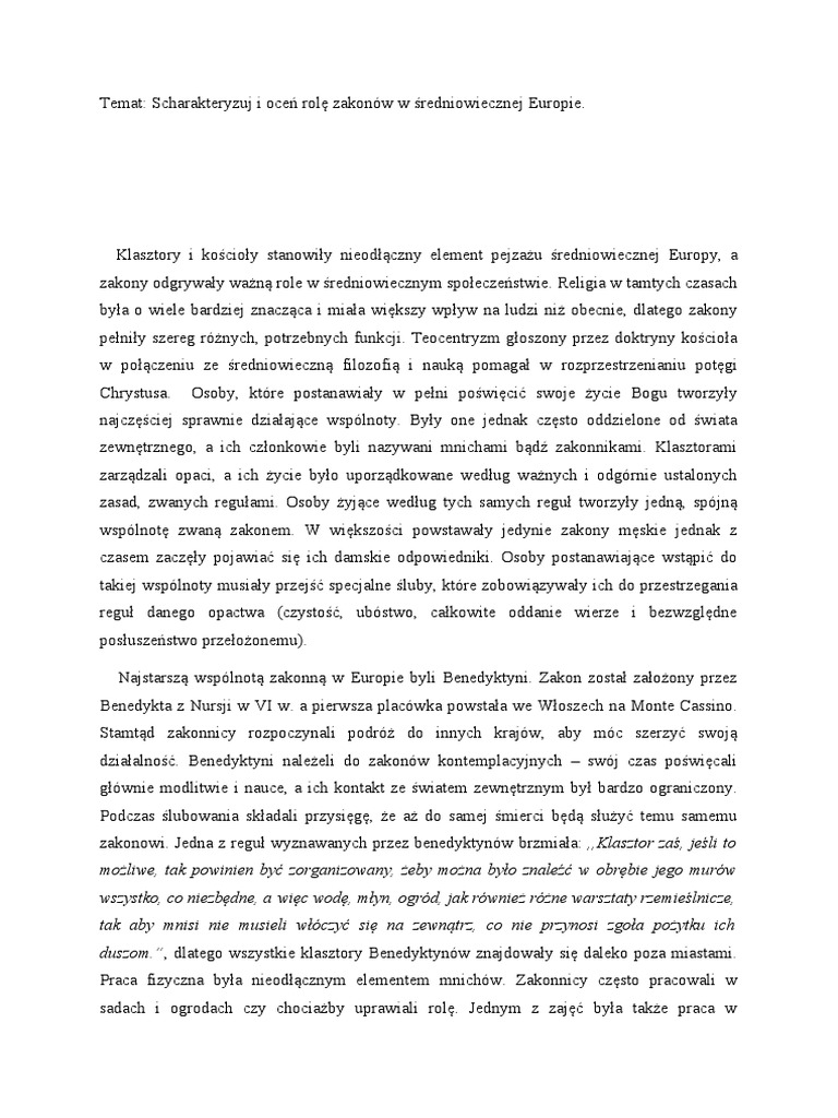 Scharakteryzuj I Oceń Rolę Zakonów W Średniowiecznej Europie | PDF