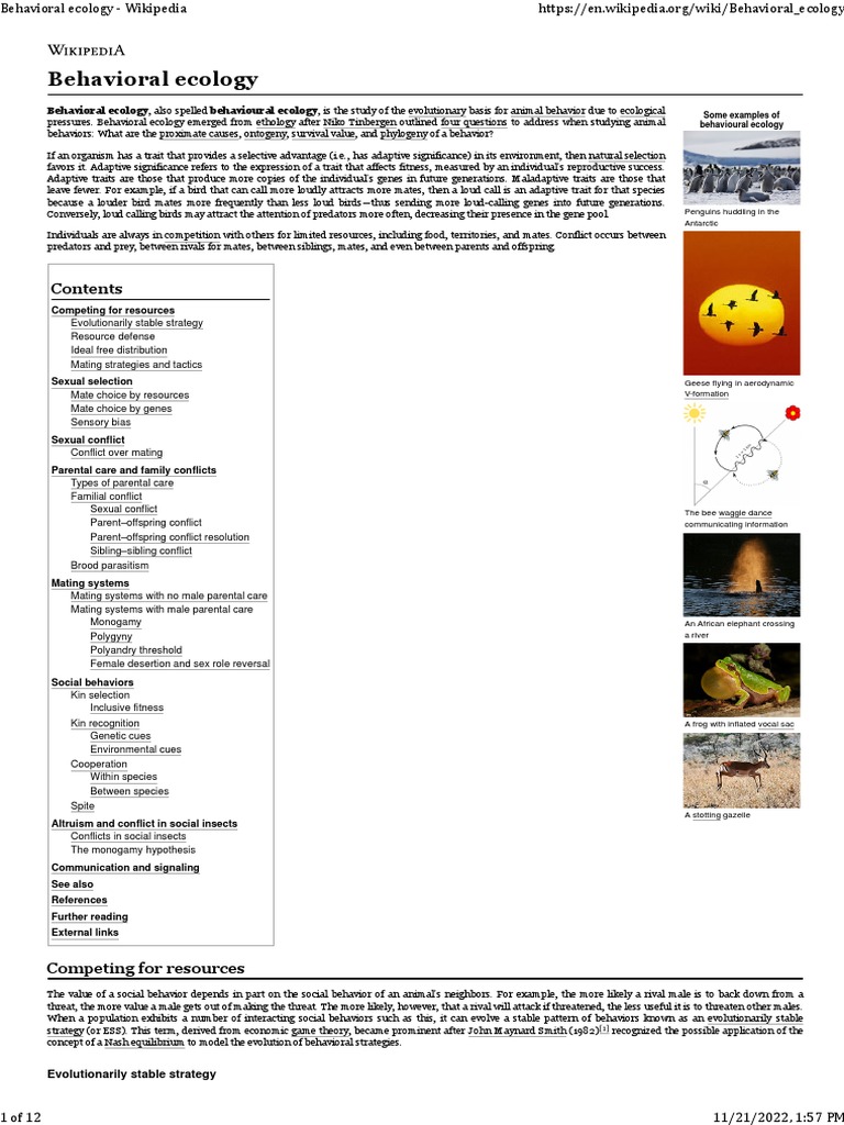 Behavioral Ecology - Wikipedia | PDF | Behavioral Ecology | Ethology
