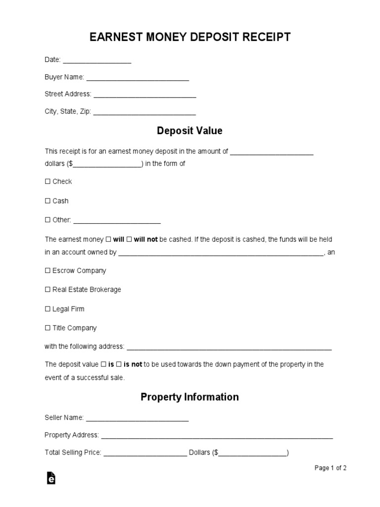 Earnest Money Deposit Receipt Template | PDF