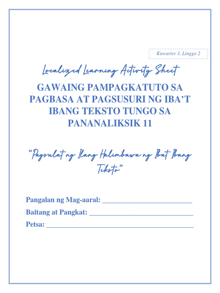 Localized Learning Activity Sheet FILIPINO 11 | PDF