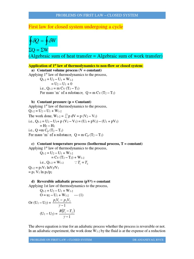 First Law Problems for Closed Systems | PDF | Heat | Enthalpy