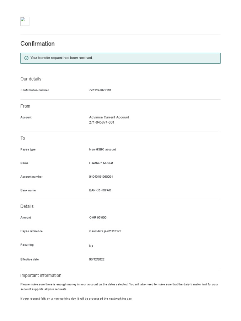 Transfer Confirmation Number 776119X972116 | PDF
