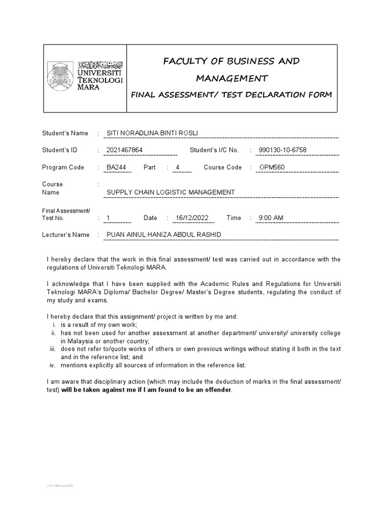 Final Assessment Test Declaration Form SITI NORADLINA ROSLI | PDF