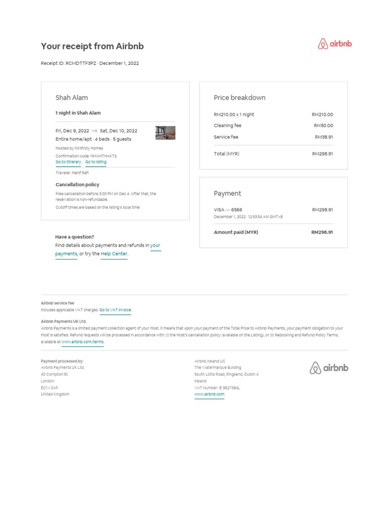Airbnb Travel Receipt RCMDTTF3PZ | PDF | Receipt | Airbnb