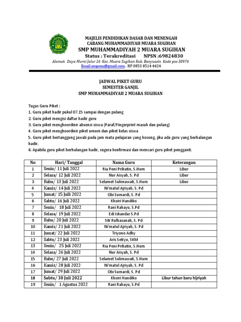 Jadwal Piket Guru SMP Ganjil 2022-23 | PDF