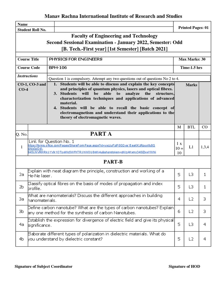 2nd Sessional Test - Physics For Engineers-Bph-106 | PDF | Optics ...