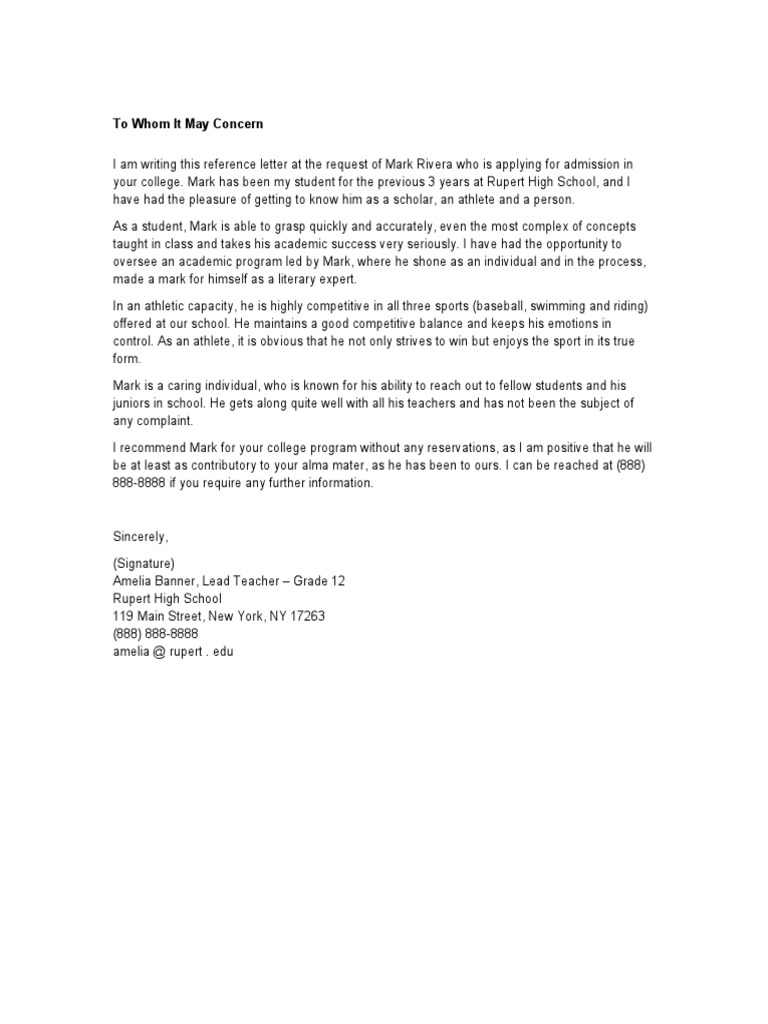 Letter of Recommendation by Teacher For A Student | PDF