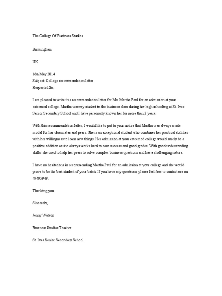 Letter of Recommendation For Student Admission | PDF | Career & Growth ...