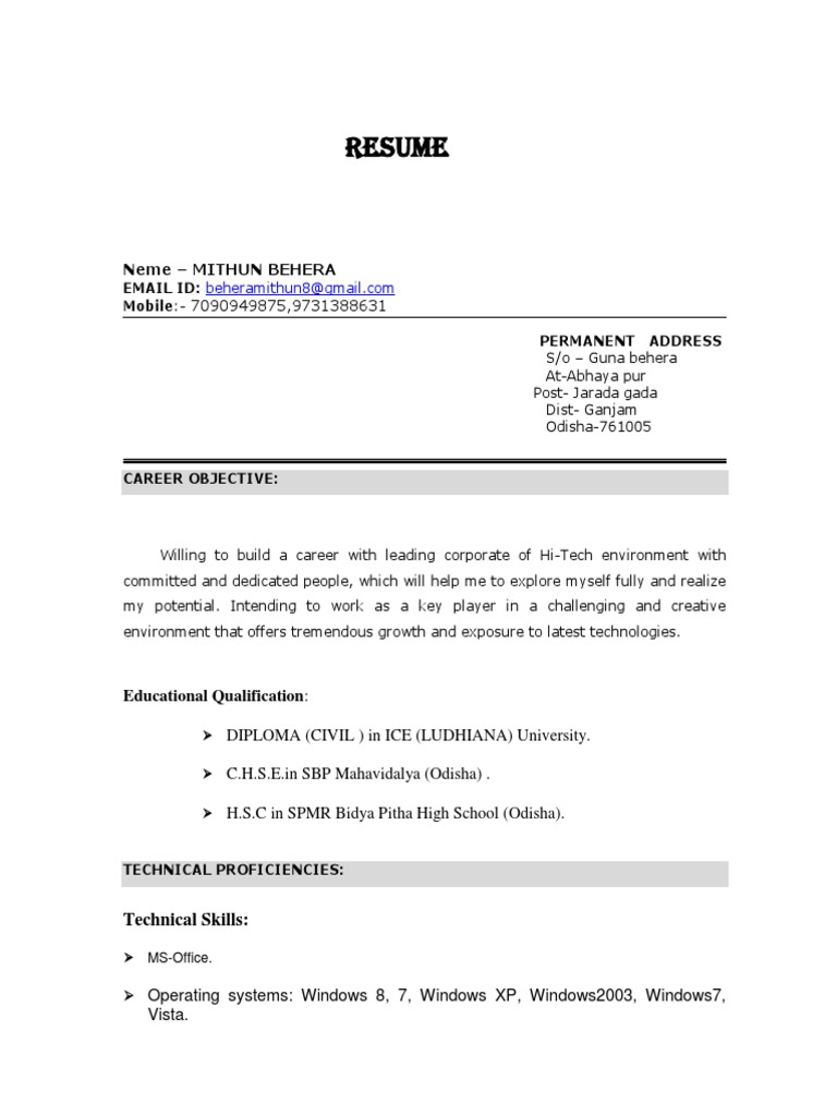 Mithun Behera Resume | PDF | Concrete | Economic Sectors