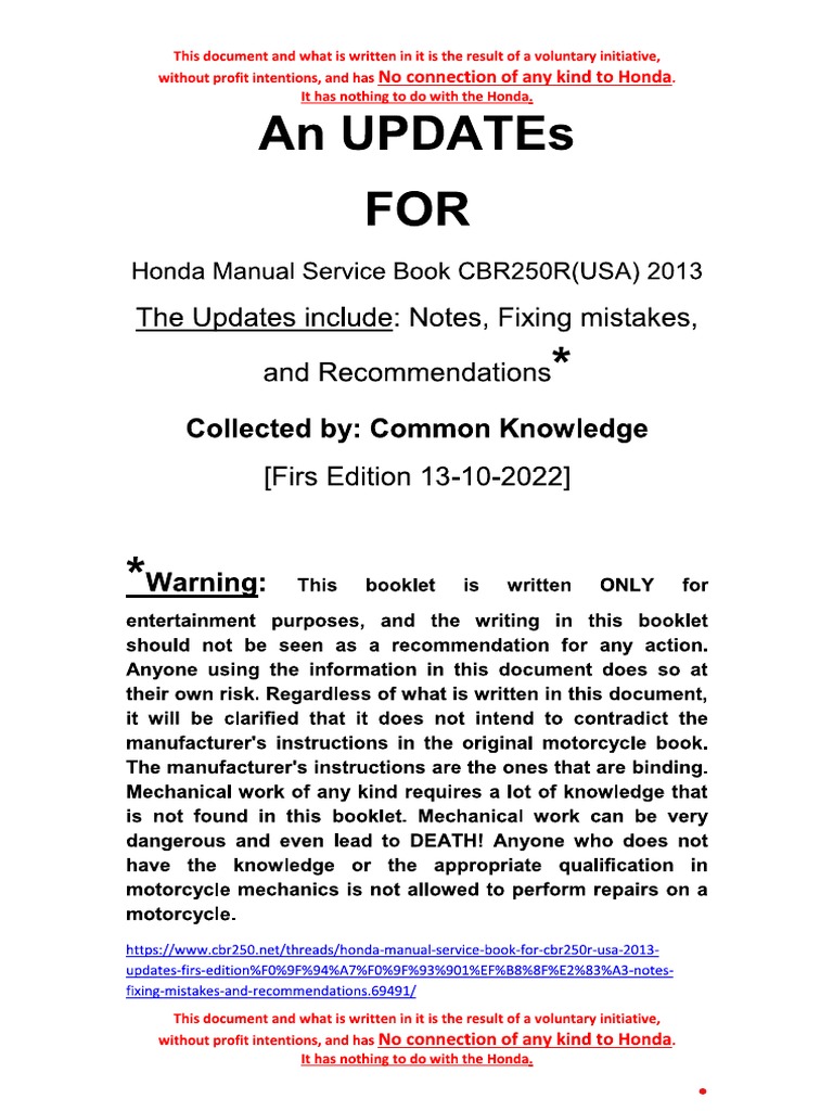 An UPDATED FOR CBR250R 2013 Manual Service Book | PDF