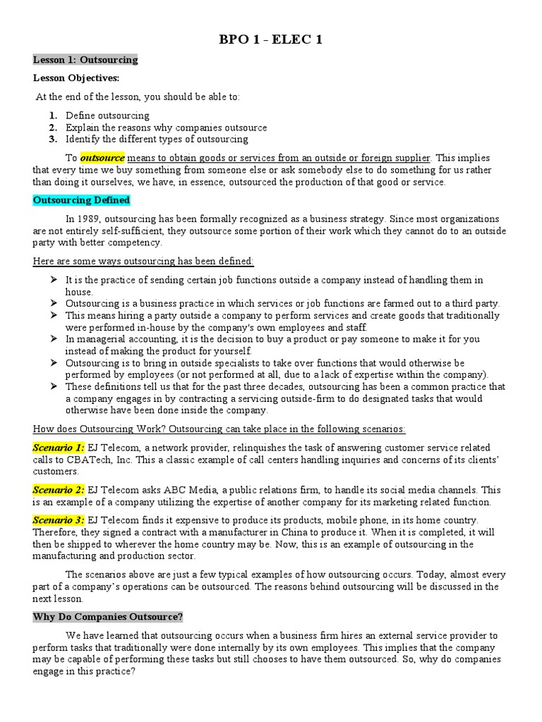Lesson 1 BPO 1 - ELEC 1 | PDF | Outsourcing | Offshoring