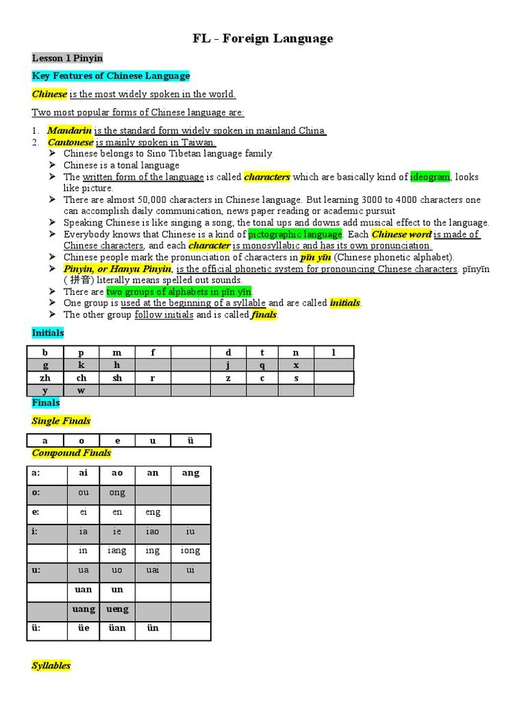 Lesson 1 FL - Foreign Language | PDF | Pinyin | Standard Chinese