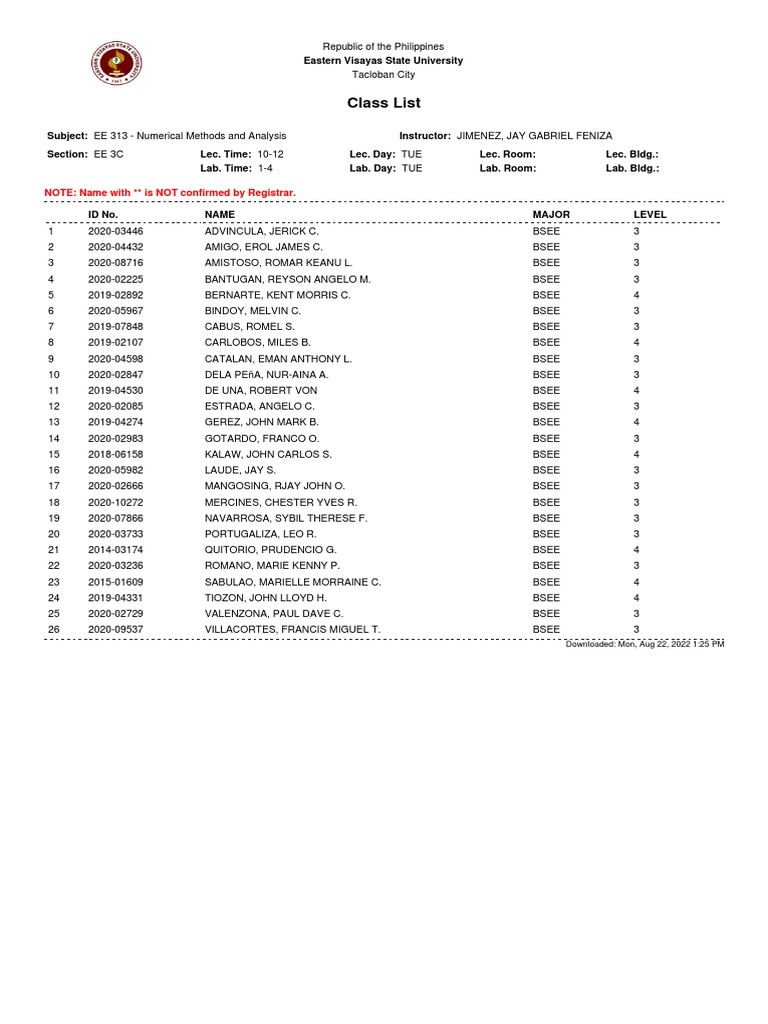 EE 313 EE 3C For AY 2022 2023 SEM 1 Class List | PDF