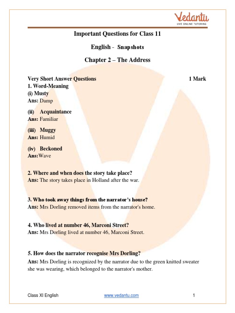 Important Questions On Class 11 English Chapter 2 The Address | PDF ...