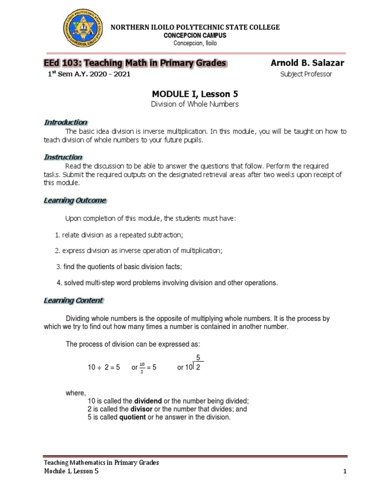 Teacing Math M1L5 | PDF | Division (Mathematics) | Mathematics