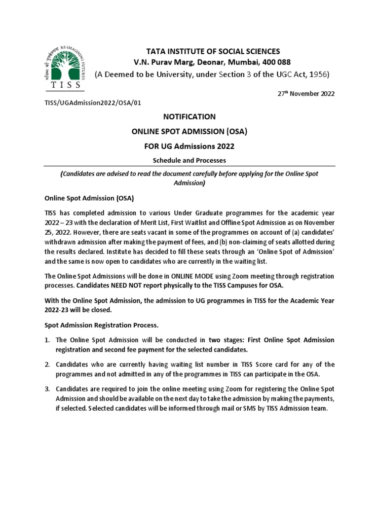TISS UG Online Spot Admission 2022-23 | PDF