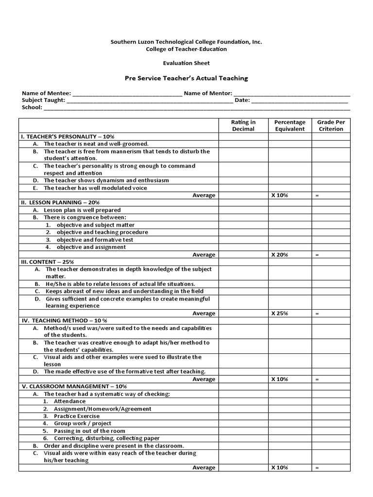 Teacher Evaluation Criteria Sheet | PDF | Teachers | Teaching Method