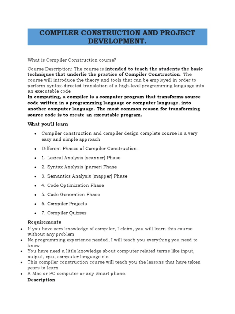 Compiler Construction Course | PDF | Compiler | Parsing Compiler Construction Course | PDF | Compiler | Parsing
