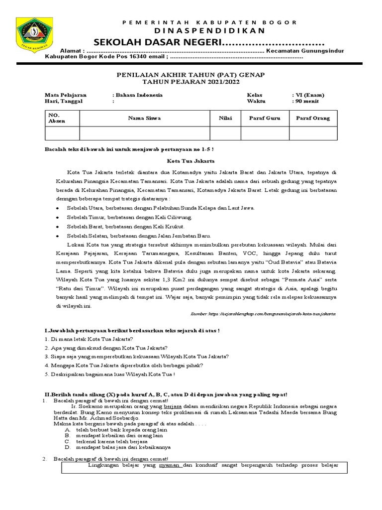 Soal Bahasa Indonesia PAT 20212022 | PDF