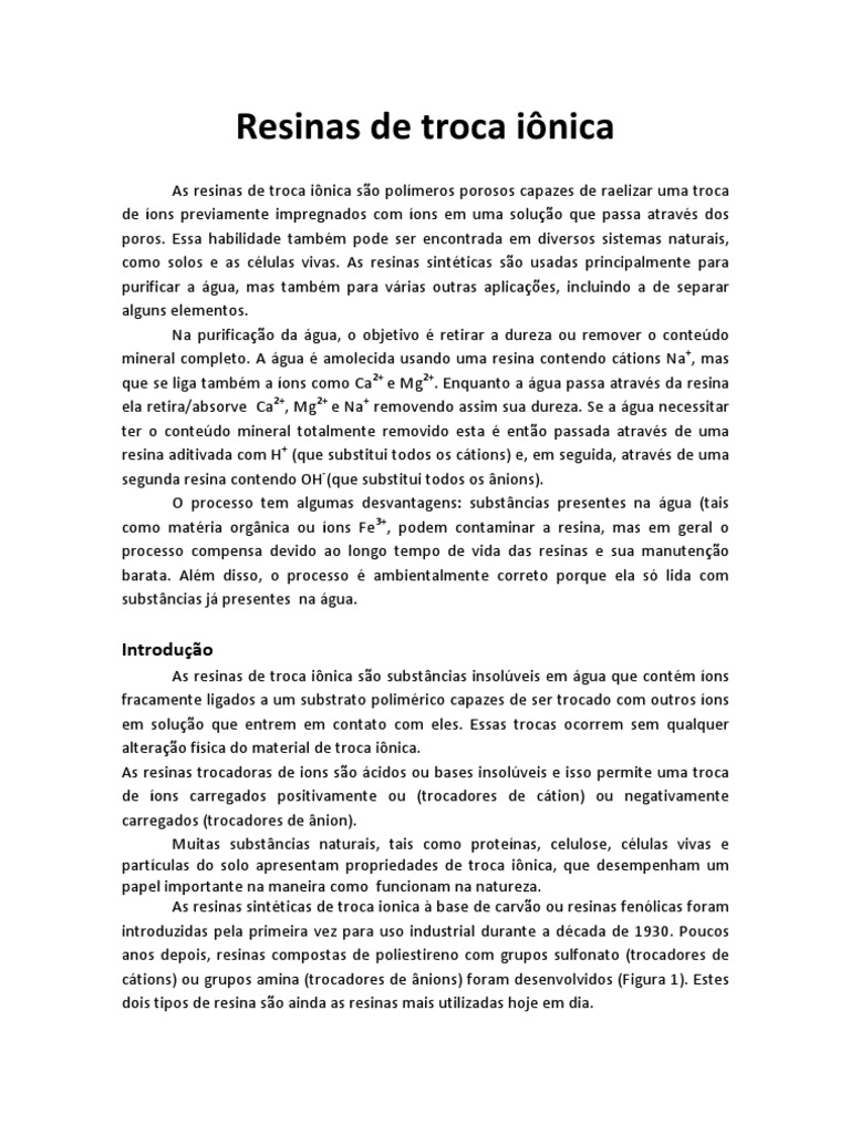 Resinas de Troca Ionica Teoria | PDF | Solução | Hidrogênio