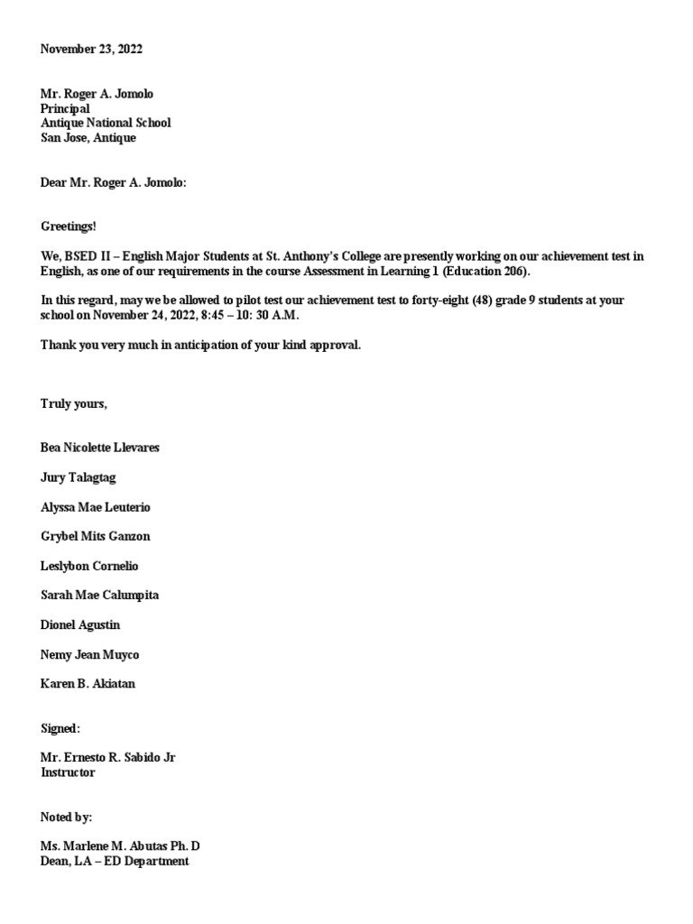 Letter for the Conduct of the Achievement Test New 2022 2023 | PDF