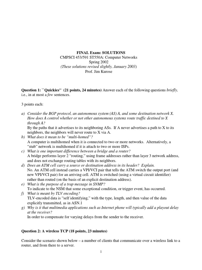 Computer Networks Exam Solutions | PDF | Transmission Control Protocol ...