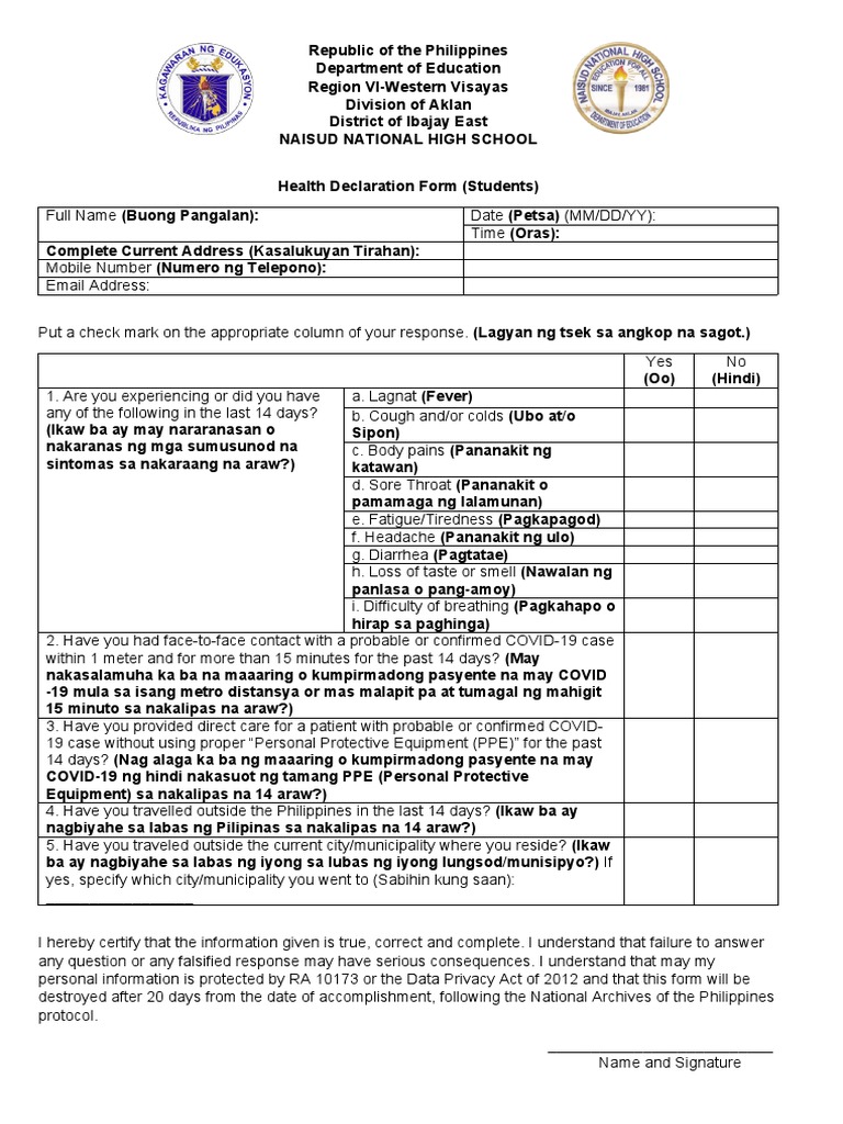 Health-Declaration-Form-Students | PDF | Diseases And Disorders | Health Care